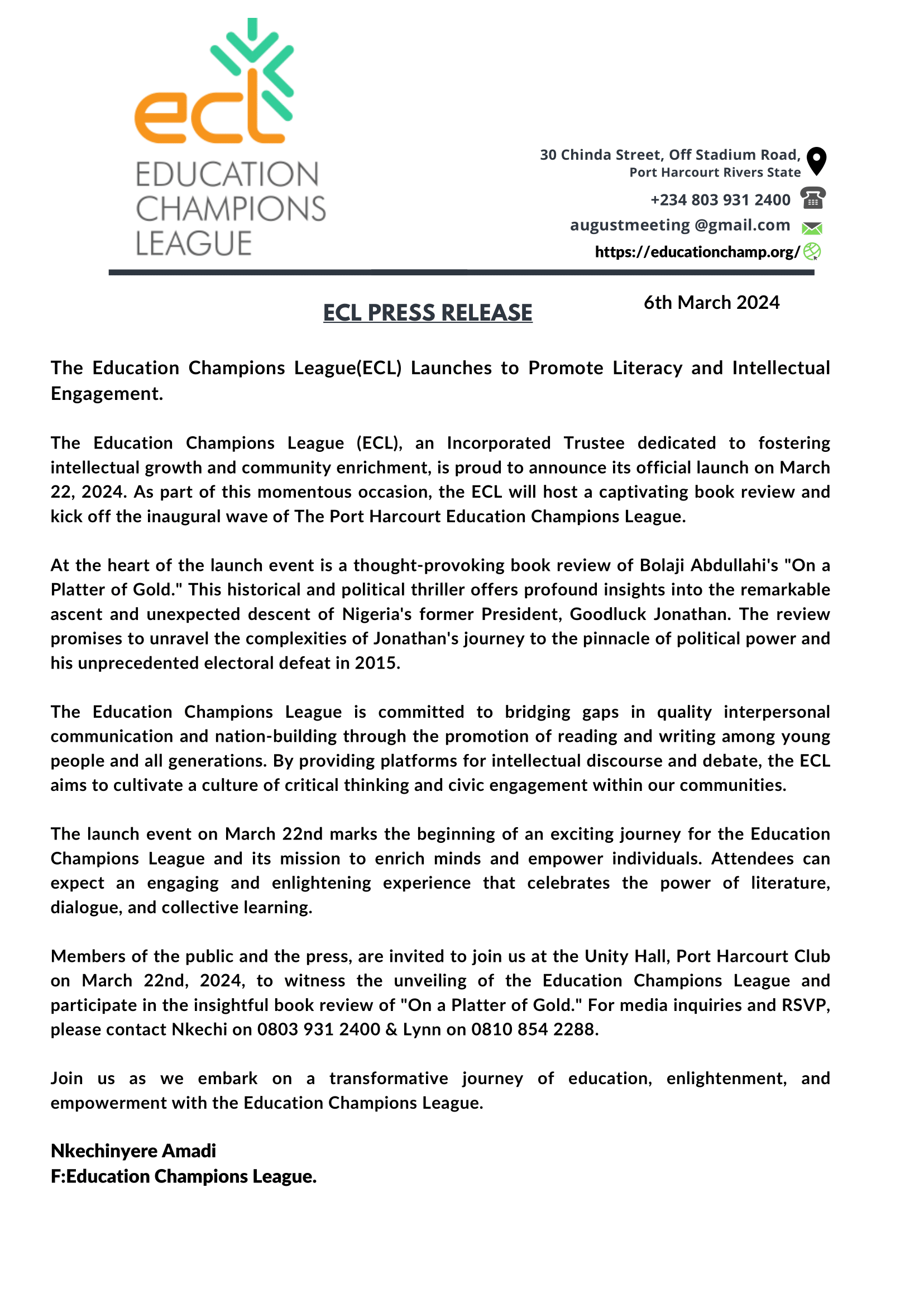 Press Release Dated March 6, 2024 – Education Champions League